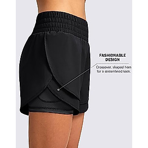 Soothfeel Women's 2 in 1 Running Shorts High Waisted Athletic Shorts Exercise Gym Workout Shorts for Women with Pockets Black