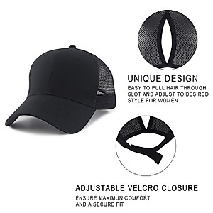 Muryobao Womens Ponytail Baseball Cap Messy High Bun Ponycap Adjustable Snapback Summer Sun Hat Plain Trucker Dad Hat Mesh Black