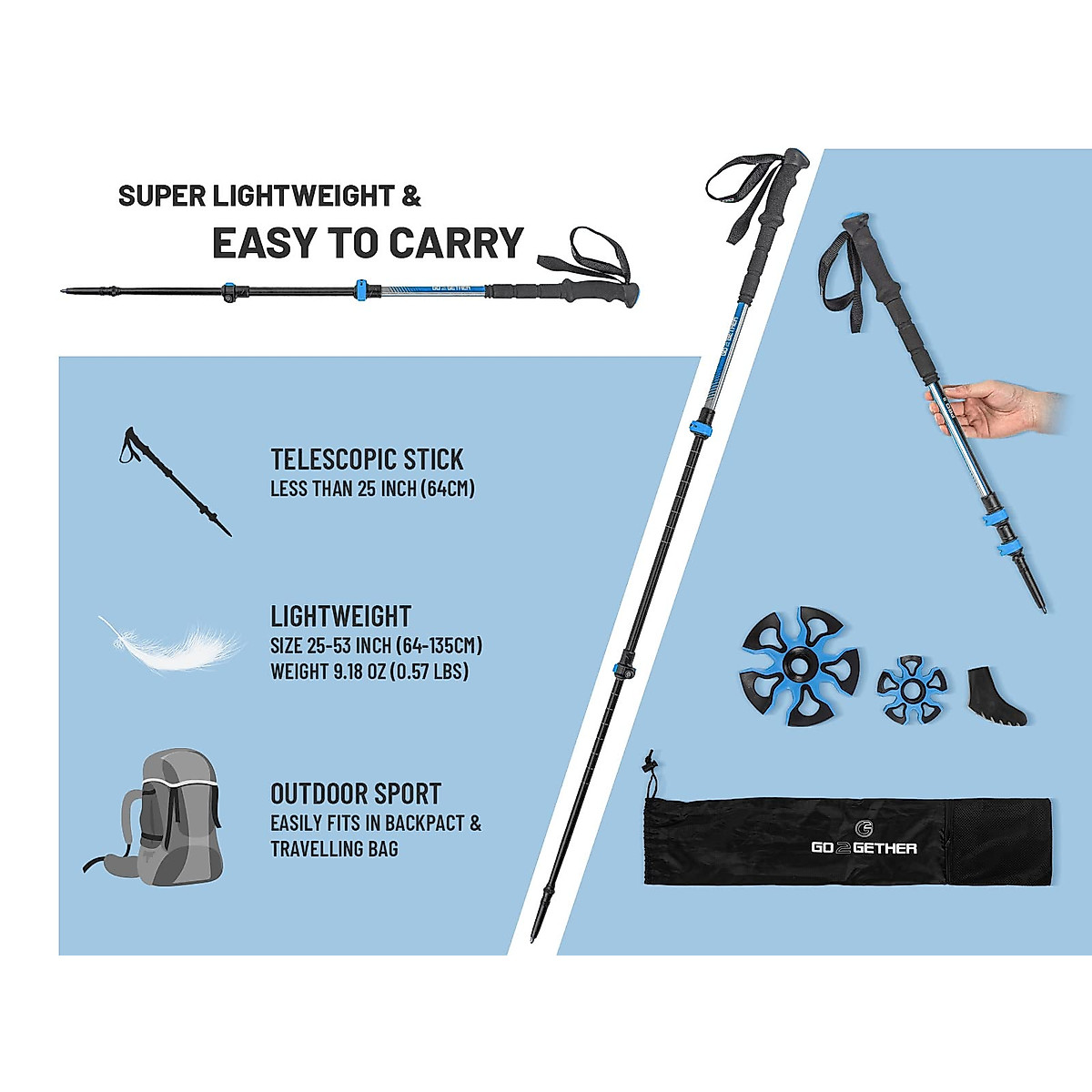 G2 Trekking Hiking Poles Telescopic/aluminum alloy/EVA foam Grip/Foam Padded Wrist Strap/Auto-Adjustable Strap/Quick Flip Lock (Pack of 2 Poles)