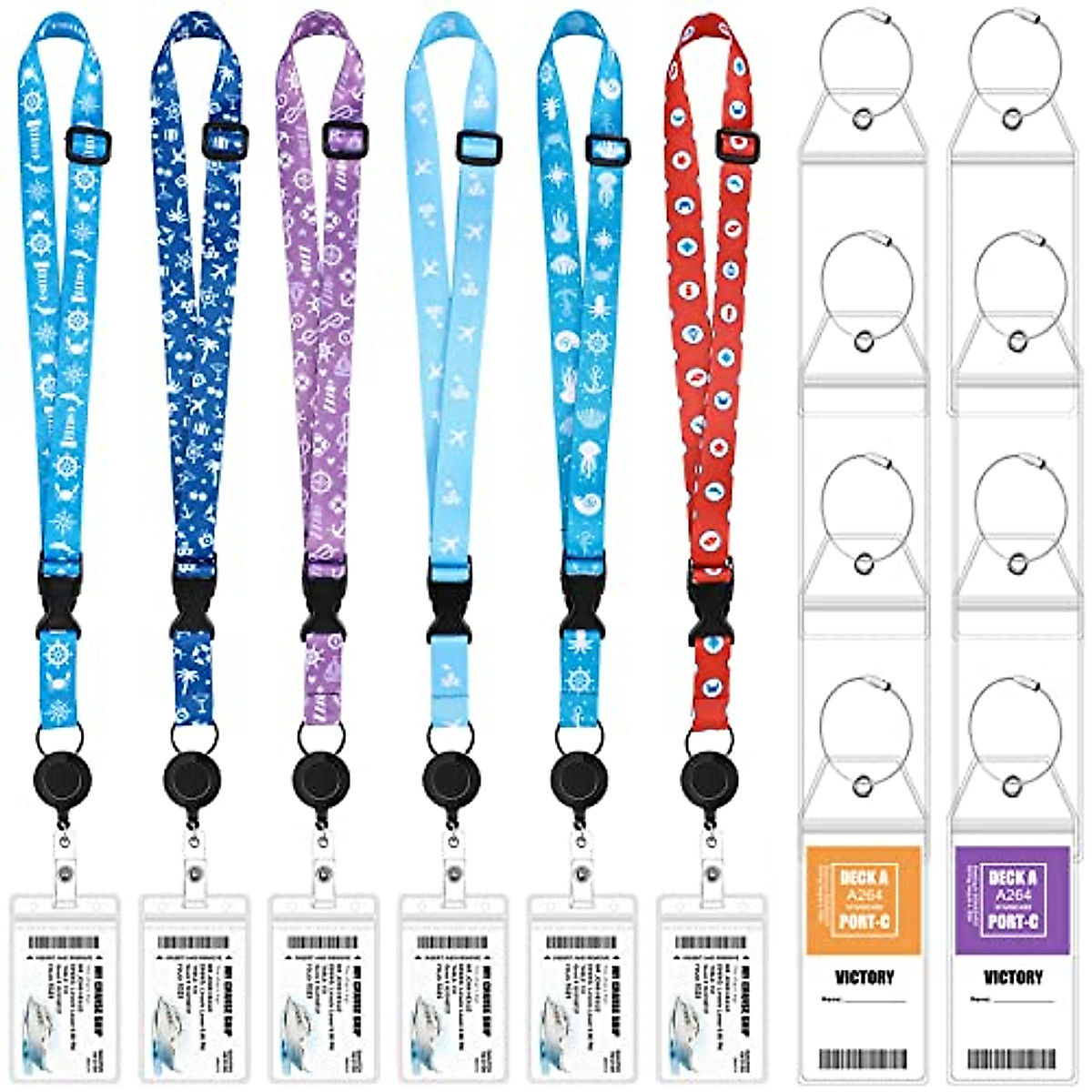 6 Sets Cruise Lanyards, Retractable Carnival Cruise Lanyard with 8 Waterproof Luggage Tag Holders Set, Adjustable Cruise Lanyard with Detachable Badge Holder for Cards Accessories (Fresh Sailing)