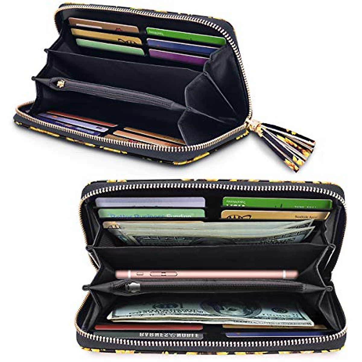 Women Wallets Multi Card Case Wallet Clutch Wallet Card Holder Organizer Ladies Purse Floral Tassel Wrist strap Purse,Sunflower