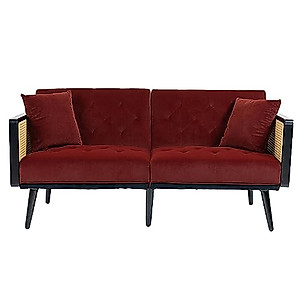 Velvet 2 in 1 Futon Sofa Bed,61" Adjustable Couch Sleeper,Modern Upholstered Loveseat with 2 Pillows,Convertible Folding Fabric Small Love Seat for Living Room Apartment Small Space (Red)
