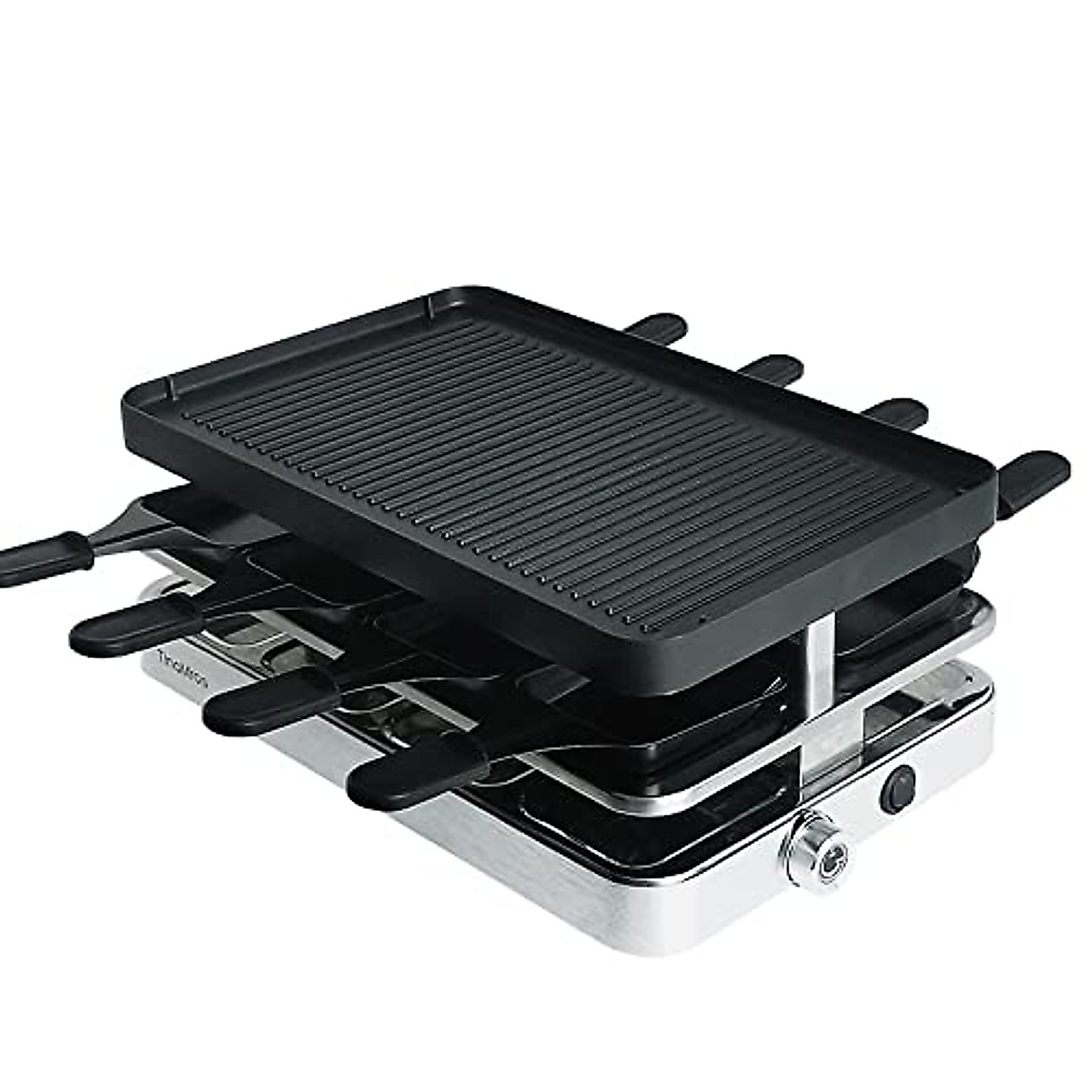 TinaMros 3 Layers with Lid 1500W Portable Non-Stick Reversible 2 in1 Electric Raclette Grill Table for 8 Paddles and Person
