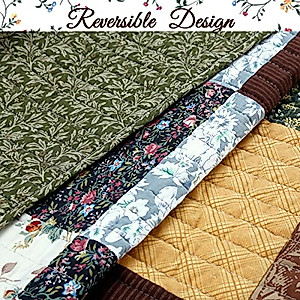 Cozy Line Home Fashions Andy Mustard Yellow Country Farmhouse Real Patchwork Quilt Bedding Set, 100% Cotton Reversible Coverlet, Bedspread (Brown Olive, King - 3 Piece)