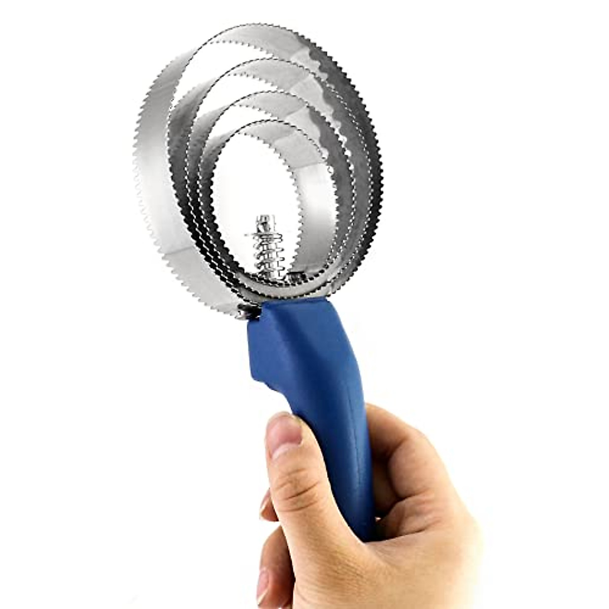 QWORK Double Sided Curry Comb, 2 Pack 4 Rings Stainless Steel Curry Comb with Soft Touch Grip, Blue