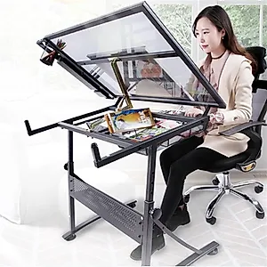 Adjustable Glass Drafting Table,Versatile Art Study Table,with Storage Drawers,Art Studio Design Sketching Painting Work Station