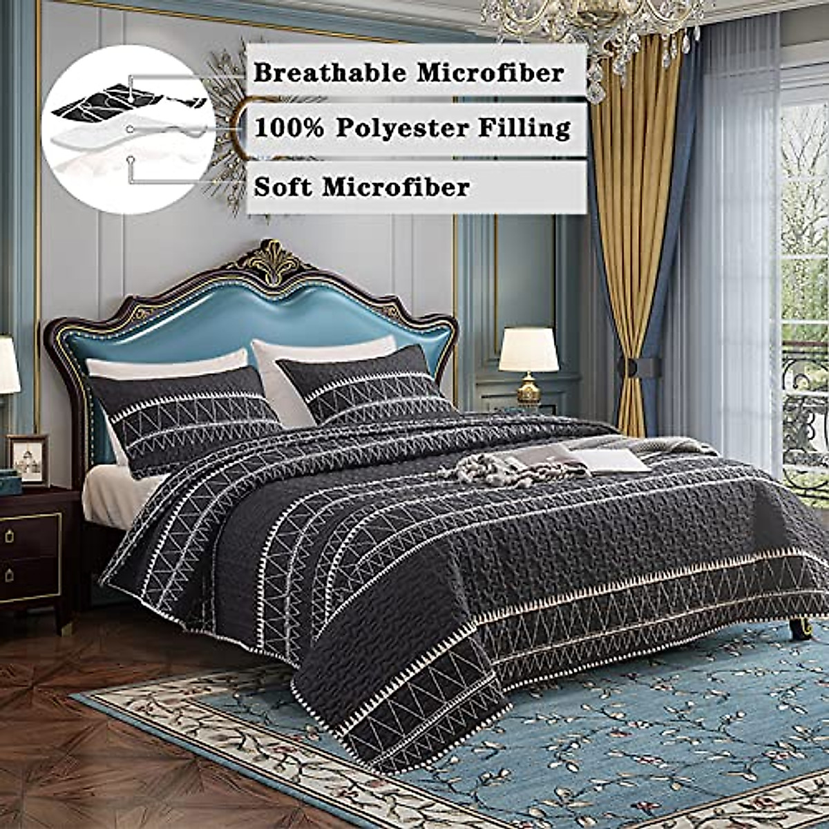 Homuno Black Quilt Set Queen Size 3-Piece Set (90 x 96 Inches), Bohemian Style All-Season Lightweight Reversible Microfiber Bedspread Set (1 Piece Quilt Set, 2 Pieces Pillowcase)