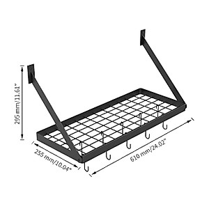 Hoooh Square Grid Wall Mount Pot Rack Storage Shelf with 10 Hooks, Kitchen Cookware Hanging Organizer, Black, KPR301A-BK