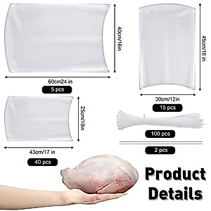 60 Pack 3 Size Poultry Shrink Bags Chicken 3 Size Clear Poultry Heat Shrink Wrap with 100 Pcs White Ties and 2 Pcs Clear Silicone Straw for Rabbits Turkey Meat Food Storage