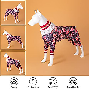 LovinPet Dog Pajamas for Large Dogs, UV & Post Operative Protection, 4 Legged High Collar Dog Onesies,Lightweight Stretchable Large Floral Plum Prints Large Dog Pajamas as Base Shirt for Dog Dresses M