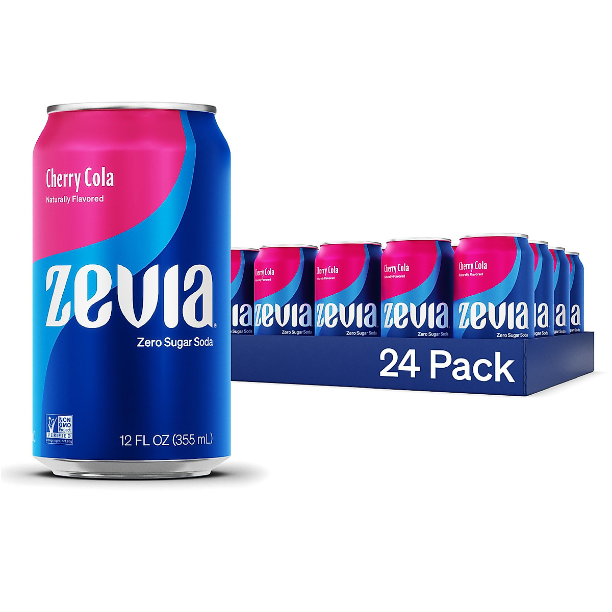 Zevia Zero Sugar Soda, Cherry Cola, 12 oz Cans (24-Pack) – Naturally Sweetened, Zero Calorie Sugar Free Soda - Non-GMO Project Verified, Gluten-Free, Vegan