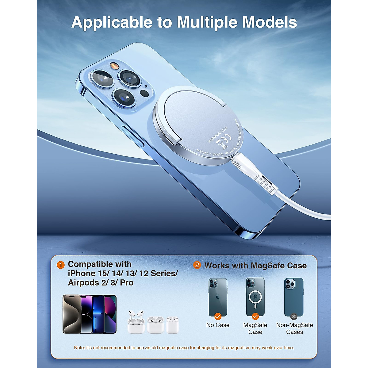 LK Magnetic Wireless Charger Compatible for MagSafe Charger for iPhone 15 Pro/15/14 Pro Max/14 Pro/14 Plus/13/13 Pro/13 Pro Max/iPhone 12 Pro/12 Pro Max, 3.3 ft Cable(No Adapter), White