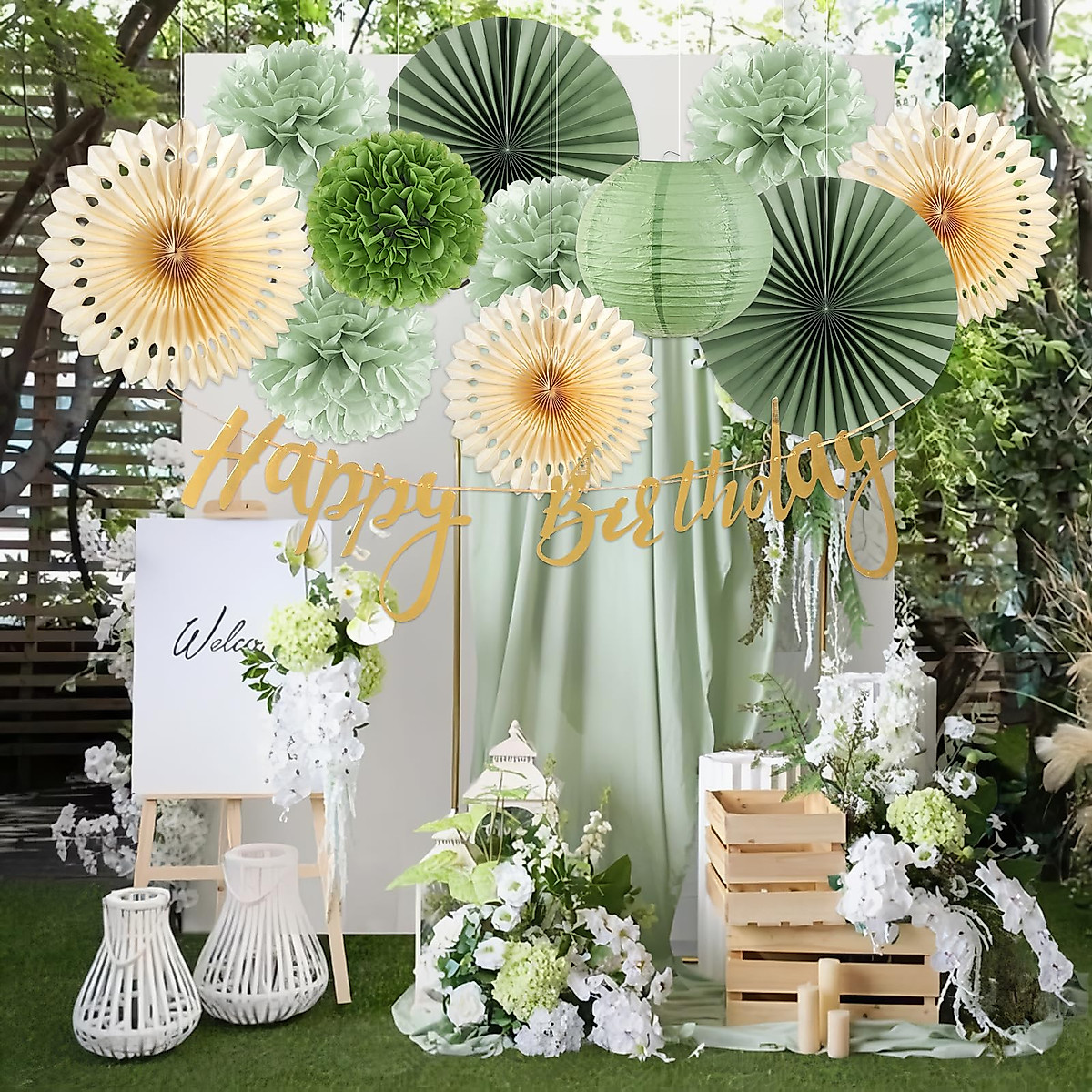 Sage Green Party Decorations Beige Tissue Paper Pom Poms Green Fans Lanterns Sage Party Decorations Boho Green Cream Party Decorations for Sage Birthday Wedding Bridal Baby Shower