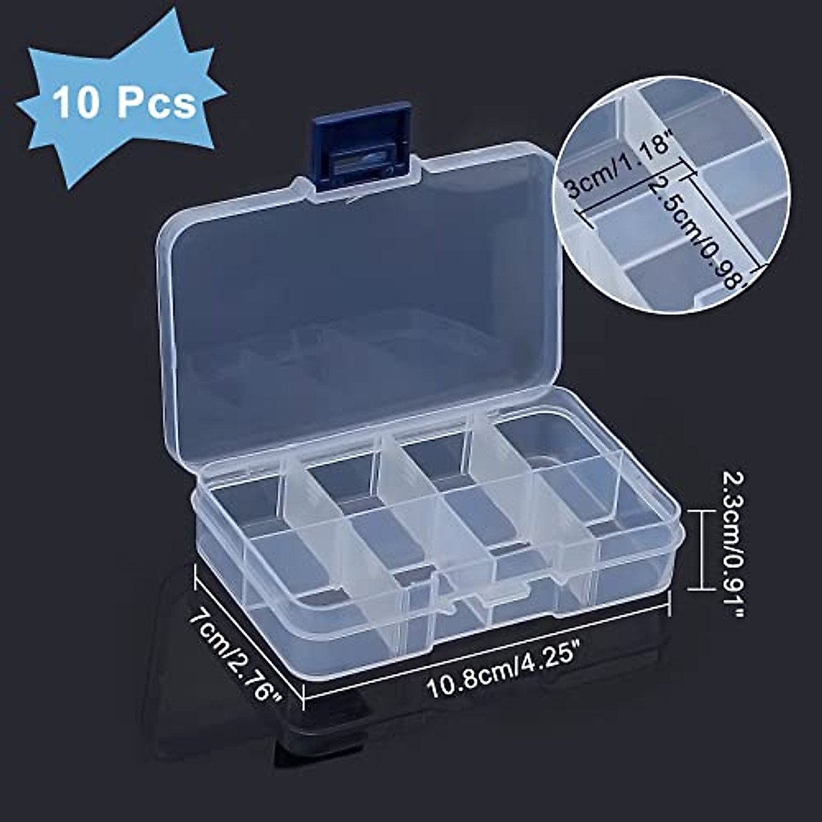 NBEADS 10 Pack 8 Grids Plastic Organizer Box, Clear Plastic Jewelry Dividers Box Organizer Mini Tackle Boxes Jewelry Storage Container for Beads Small Items Findings Storage, 2.7x4.7x0.89