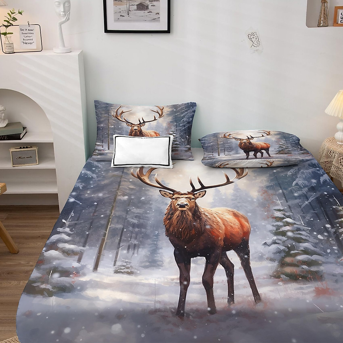 Deer Sheets Full Size Sheet Sets - Winter Forest Animal Bed Sheets, Soft Microfiber & Deep Pocket & Wrinkle Free Patterned Bedding Sheets & Pillowcases, 1 Fitted Sheet, 1 Flat Sheet, 2 Pillow Cases