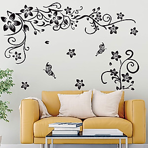 RW-027 Removable Black Vinyl Flower Vines Wall Decal Butterfly Wall Stickers Floral Wall Decor 3D Peel and Stick Art for Girls Bedroom Nursery Living Room Kids Babys Rooms Classroom Wall Decoration