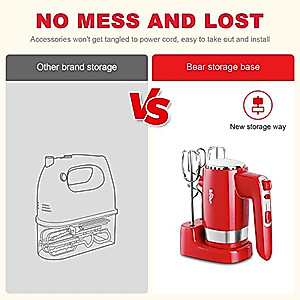 Bear Hand Mixer Electric, 5 Speed with Turbo Powerful Electric Hand Mixer with Storage Base, 4 Stainless Steel Accessories, Easy Eject, Red Mixer Electric Handheld for Whipping Dough Brownies Cream Cake & Cookies