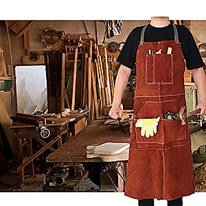 TULGIG's Leather Welding Aprons for Men/Women with Gloves-Adjustable Strap Leather Apron with 6 Tool Pockets-Heat Resistant Heavy Duty Wood Working Apron-Safety Apparel 42 x 24 Blacksmith Apron