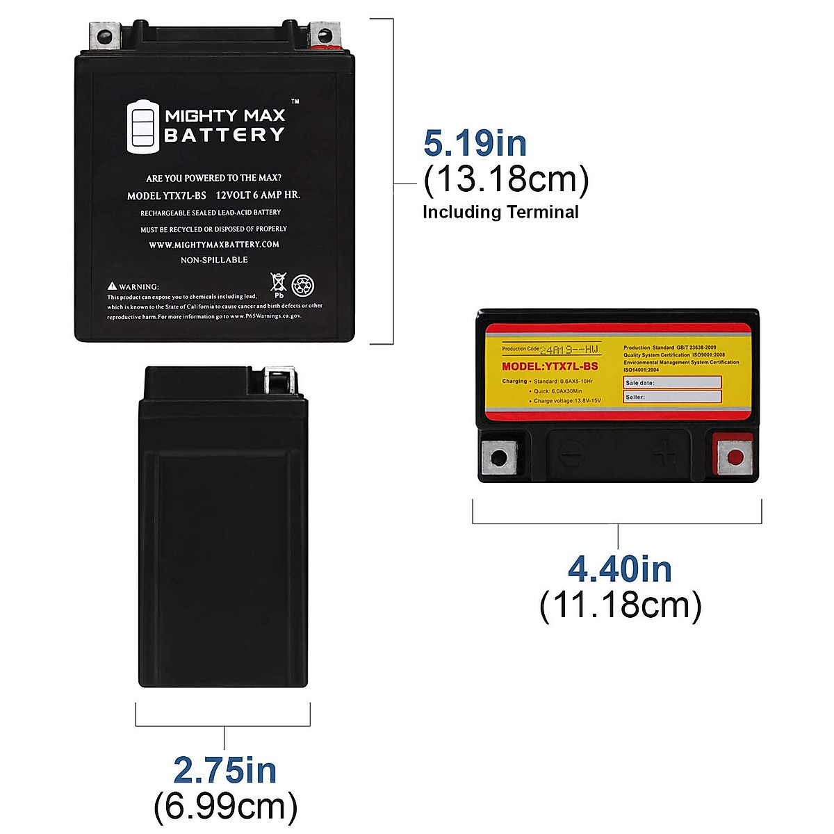 Mighty Max Battery YTX7L-BS 12V 6Ah Battery Replacement for FTX7L-BS, WP7L-BS