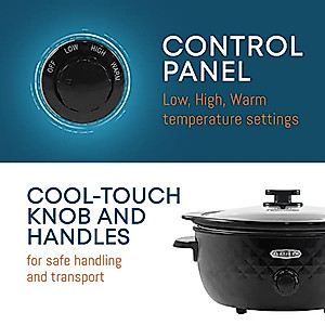 Elite Gourmet MST1234BX Diamond Pattern Slow Cooker Removable, Dishwasher-Safe Stoneware Pot with Tempered Glass Lid, Cool-Touch Handles, 6 Quart, Charcoal Black