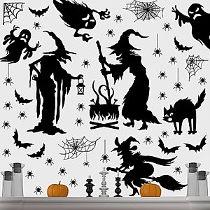 Cholemy 4 Sheets Halloween Wall Decals 35.4 x 11.8 Inch Halloween Wall Sticker Large Witch Spider Bat Pumpkin Wall Decals Removable Halloween Wall Clings for Home Party Decor Supplies