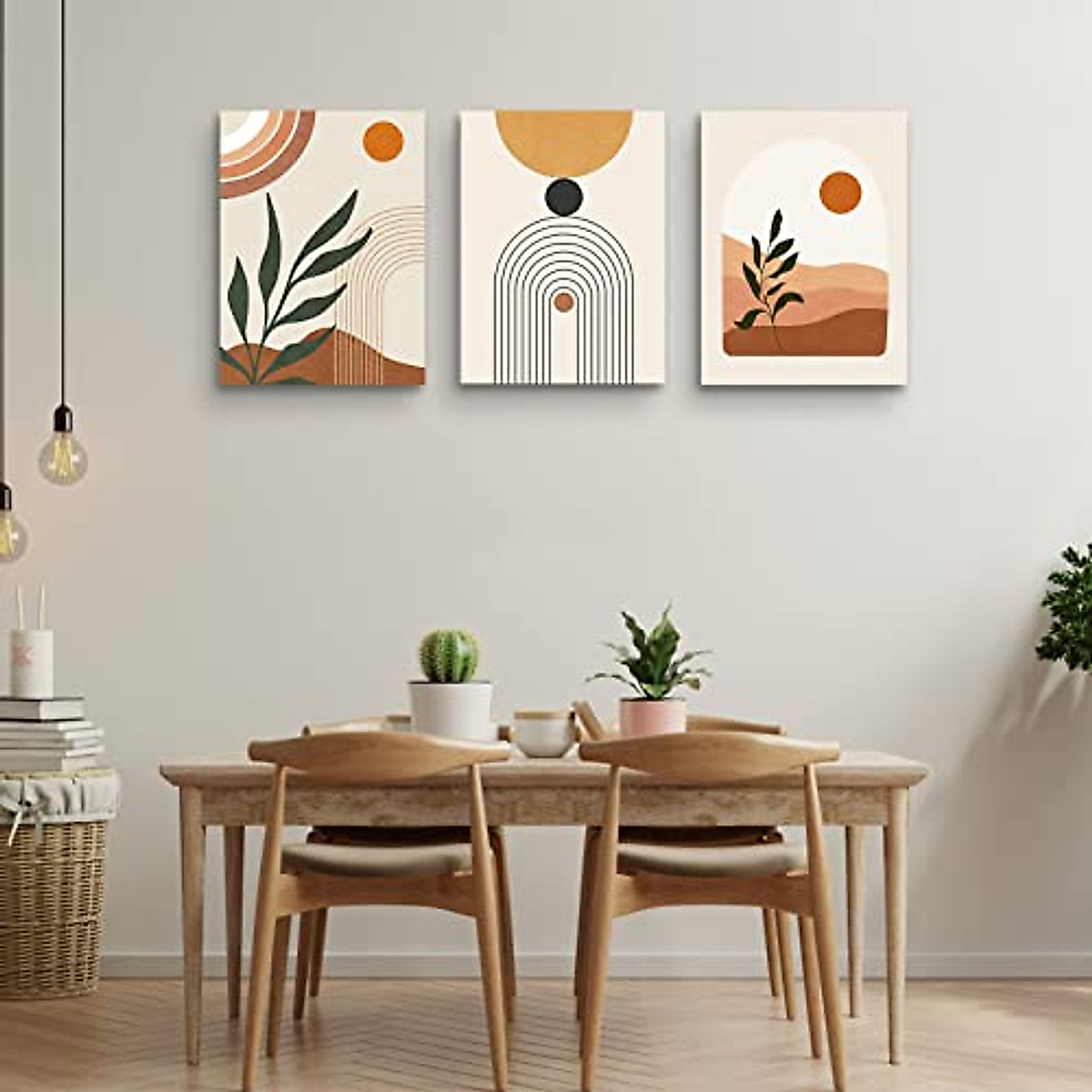 Boho Wall Art Set Of 3 - Boho Room Decor Mid Century Modern Wall Art Neutral Abstract Geometric Prints Black Beige Orange Minimalist Art Framed Canvas Prints Artwork 12" X 16" Ready To Hang For Bathroom Bedroom Wall Decor (3pcs boho Framed-C, 12x16 Inch W