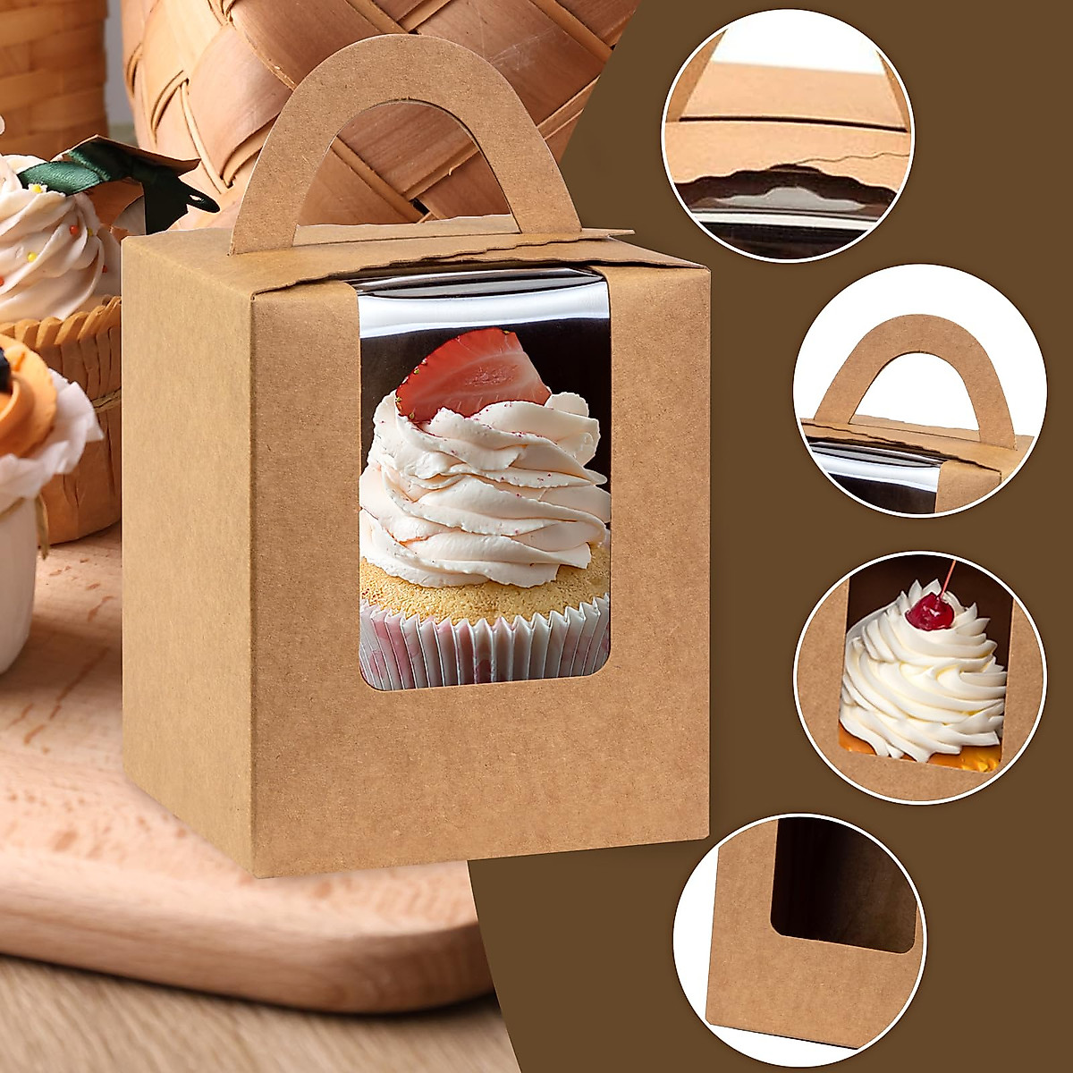 VGOODALL Kraft Cupcake Boxes,50pcs Single Cupcake Carrier with Window Insert and Handle Kraft Pastry Containers Muffins Cupcake Carriers for Bakery Wrapping Party Favor Packing