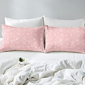 Erosebridal Pink Christmas Duvet Cover Queen Girly Romantic Snowflake Bed Sets Princess Winter Comforter Cover Girls Modern Style Bedding Set Bedroom Decor Pink Floral Bedding Set & 2 Pillowcases