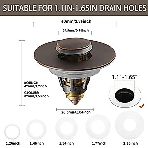 Fransiton Bathroom Sink Stopper, 1.1-1.77 Inch Basin Pop Up Sink Drain Stopper, Anti Clogging Drain Plug with Detachable Hair Catcher, Dark Bronze