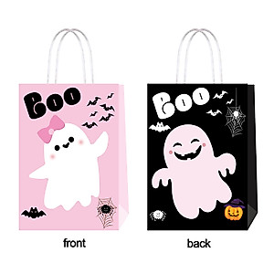 16 Pcs Halloween Black and Pink Little Boo Gift Bag Happy Boo Day Party Paper Gift Bags Boo Birthday Halloween Party Bags Cute Boo Theme Birthday Party Goody Bags Halloween Candy Bags