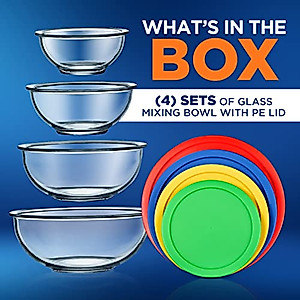 NutriChef Glass Mixing Bowl Set - 4 Sets Stackable Superior Premium Meal-prep Container w/Airtight Locking Lid, BPA-Free Leakproof, Freezer-to-Oven-Safe, For Food Preparation/Storage, Dishwasher Safe