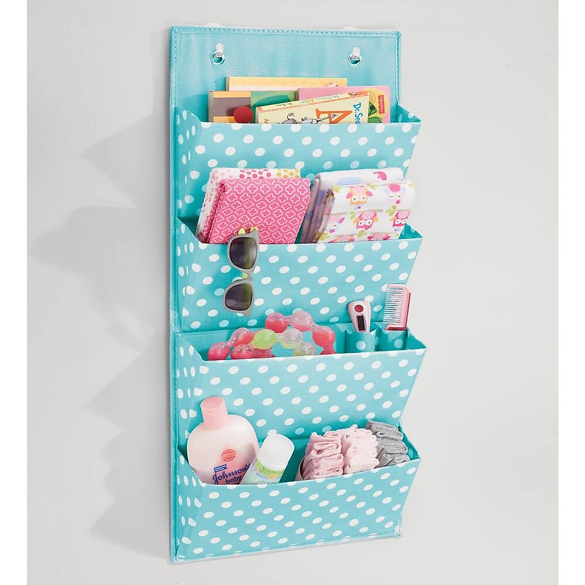mDesign Soft Fabric Wall Mount/Over Door Vertical Hanging Storage Organizer Center - 4 Large Pockets for Baby Child/Kids Bedroom, Nursery, Playroom, Closet - Polka Dot Print - Turquoise Blue/White