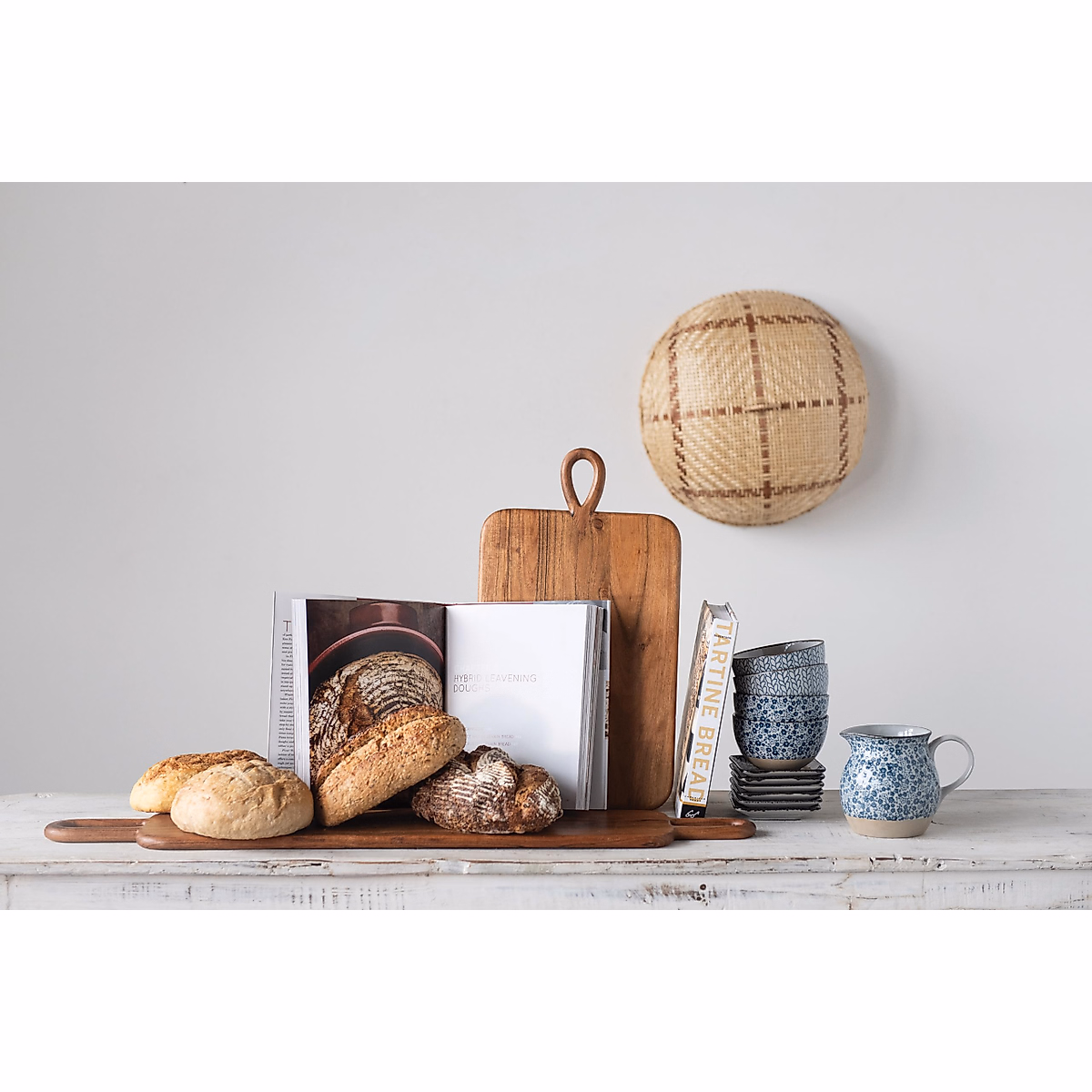 Creative Co-Op Hand-Painted Country-Style Stoneware Floral Print Pitcher, 6.25", Blue & White