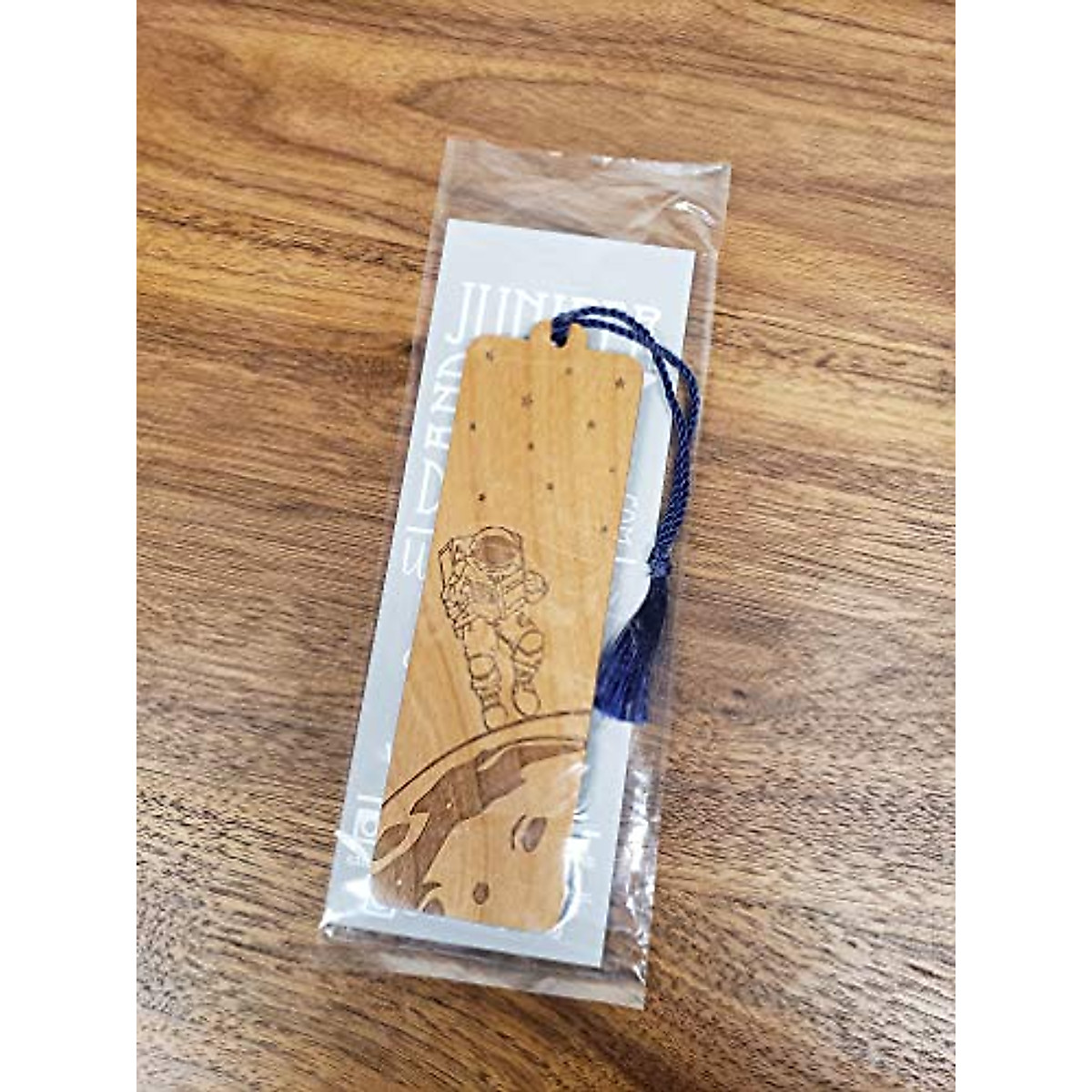 Juniper and Ivy Designs Wood Bookmark - Reading Astronaut - Laser Engraved - Wooden Book Mark with Navy Blue Tassel