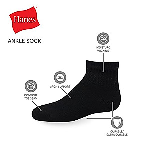 Hanes boys Extra Durable Ankle Multipack athletic socks, Black, Small - 4.5-8.5 US