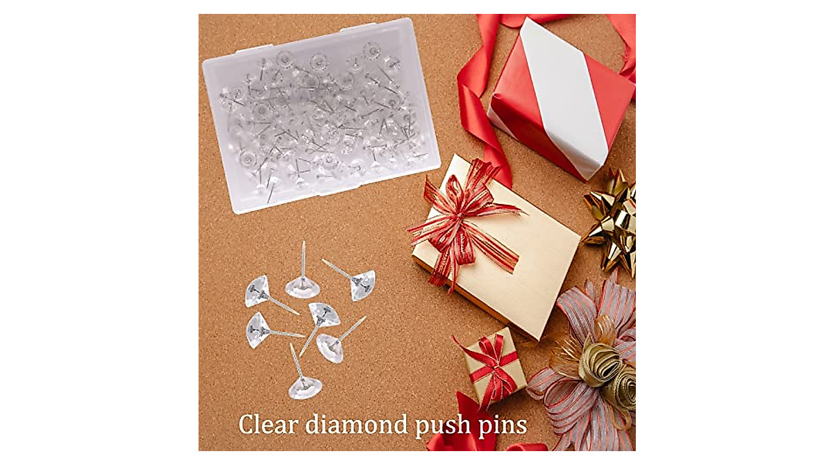 100Pcs Clear Diamond Push Pins for Cork Boards & Decor