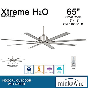 MINKA-AIRE F896-65-BNW Xtreme H2O 65 Inch Outdoor Ceiling Fan with DC Motor, Silver Brushed Nickel Wet Finish