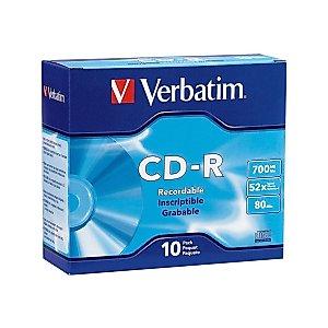 Verbatim Cd-R Recordable Disc, 700 Mb/80 Min, 52x, Slim Jewel Case, Silver, 10/Pack