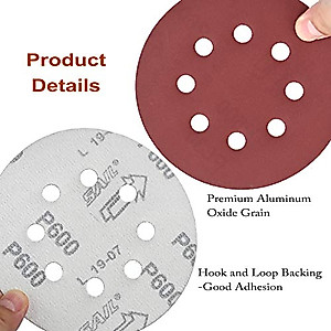Aiyard 5-Inch 8-Hole Hook and Loop Sanding Discs, 600/800/1000/1200/1500/2000 Fine Grits Sandpaper for Random Orbit Sander, 60-Pack