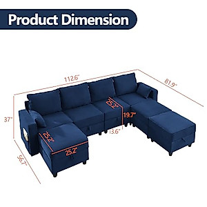 TOQIJUN Modular Sectional Sofa with Ottomans Velvet,U Shaped Sleeper Sofa with Storage, Sofa Covers Removable, 7 Seat Couch with Ottoman for Living Room,Navy Blue