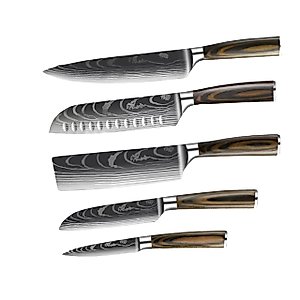 Damascus Kitchen Knives Set of 5 – Razor-Sharp Steel, Laser-Cut Damascus Pattern, Includes Chef Knife, Santoku, Nakari & Paring Knife for Precision Cutting in Home or Professional Kitchens