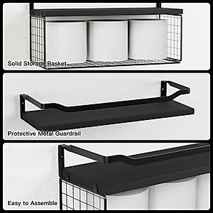 WOPITUES Floating Shelves with Wire Storage Basket, Bathroom Shelves Over Toilet with Protective Metal Guardrail, Wood Wall Shelves for Bathroom, Bedroom, Living Room, Toilet Paper-Black