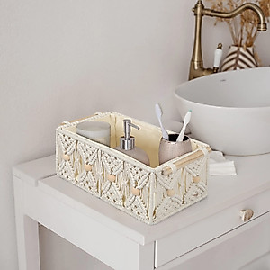 LaMorée Large Boho Macrame Storage Baskets 3 PCS Cotton Rope Hand Woven Bin Set with Natural Wooden Handles & Beads Decorative Wicker Boxes for Tabletop Book Shelf Bathroom Organizer Container