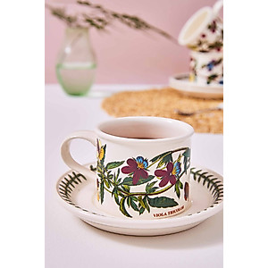 Portmeirion Botanic Garden Drum Shaped Teacup and Saucer | Set of 6 with Assorted Floral Motifs | 7 Oz Teacups and Saucers | Made in England from Fine Earthenware | Dishwasher Safe