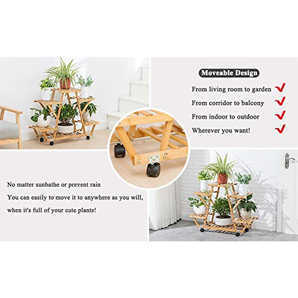 Bamboo Rolling 6 Tier Plant Stand Rack Multiple Flower Pot Holder Shelf Indoor Outdoor Planter Display shelving unit for Patio Garden Corner Balcony Living Room