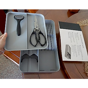 Toosbuc Kitchen Utensil Drawer Organizer 2-Tier Tray knife holder drawer & Silverware Flatware Cutlery Organizer Tray (Stackable-grey)