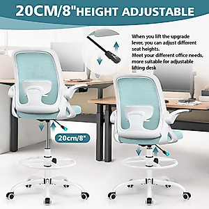 Winrise Drafting Chair Tall Office Chair Ergonomic Desk Chairs with Lumbar Support and Flip-up Armrests, Adjustable Height Comfy Computer Chair with Swivel Task and Adjustable Foot Ring(L-Blue)