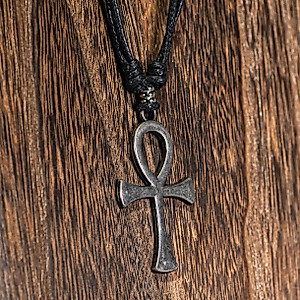 BlueRica Ankh Cross of Life on Adjustable Black Cord Necklace (Old Silver Finish)