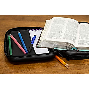 Dicksons Black Leather Like Reinforced Bible Cover Case with Handle and Stationary, Large