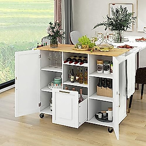 Giantex Mobile Kitchen Island with Drop Leaf, Rolling Island Table with Rubber Wood Top, Storage Cabinets, Deep Drawer, Wine Bottle Rack, Spice Rack, Serving Cart for Dining Room Bar (White)